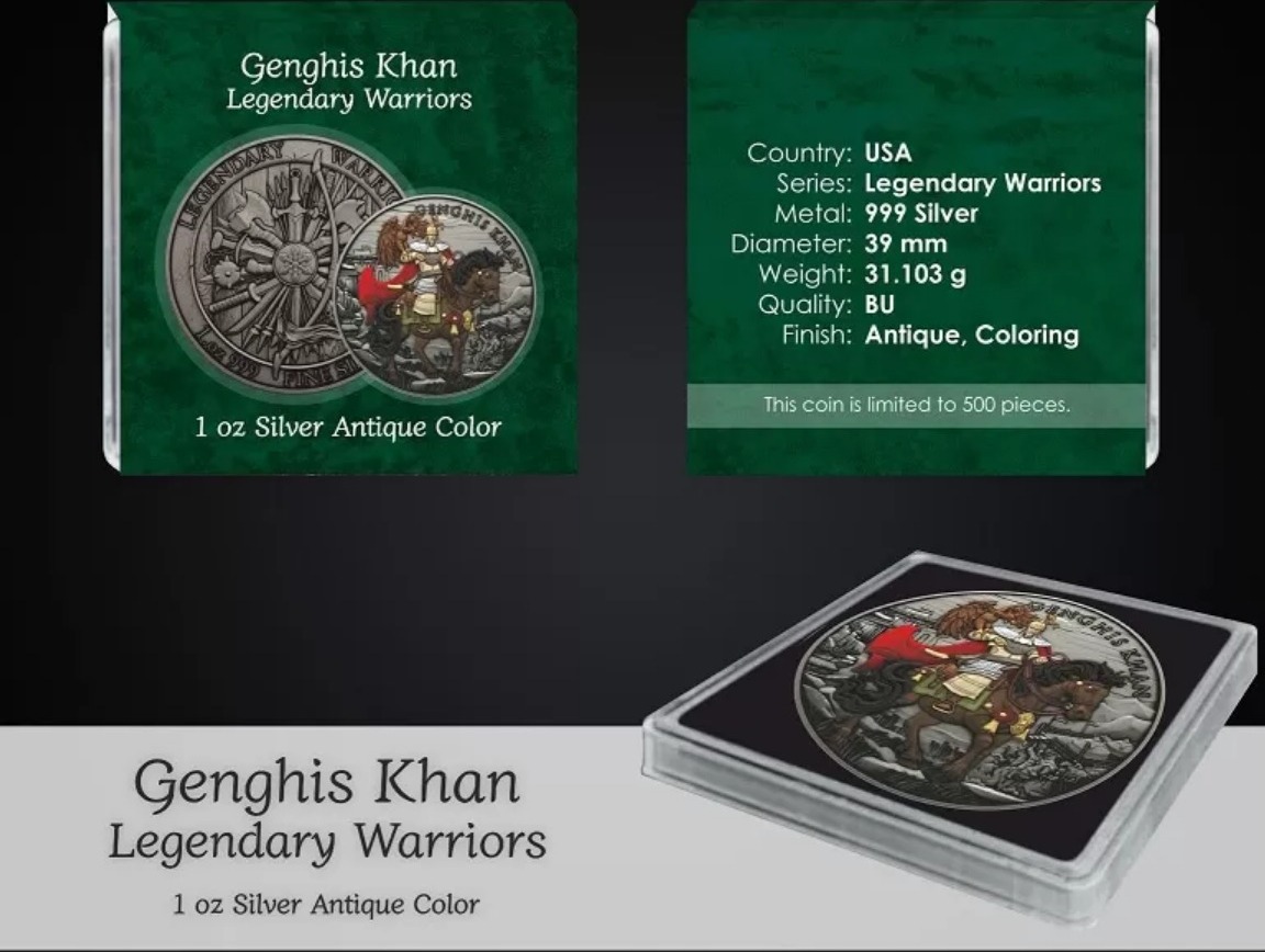 USA Silver coin Genghis Khan 1 oz Legendary Warriors Genghis Khan ...