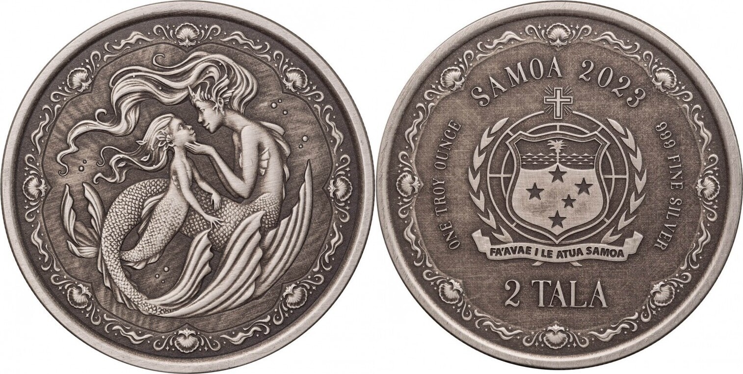2 Tala Samoa 2023-Mermaid Mother and Daughter 1 oz Silver Coin Antique ...