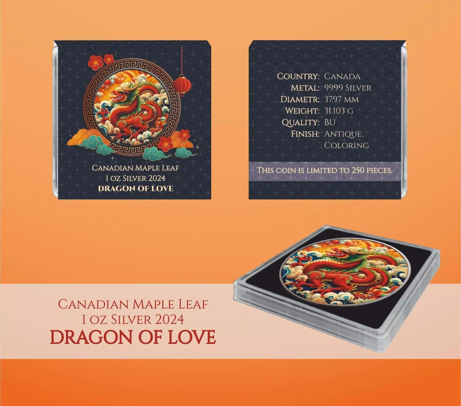 Kanada 2024 Maple Leaf Dragon of Love Silver Coin 1 oz 999 Color Dragon ...
