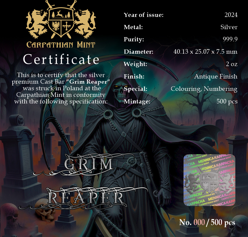 Polen Silberbarren Grim Reaper 2 oz Gussbarren 2024 Antik Farbe ...