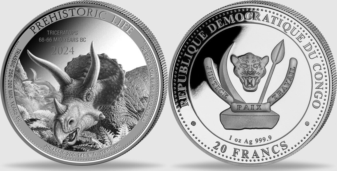 Kongo 20 Francs Silver coin 1oz Prehistoric Life II Triceratops 2024 ...