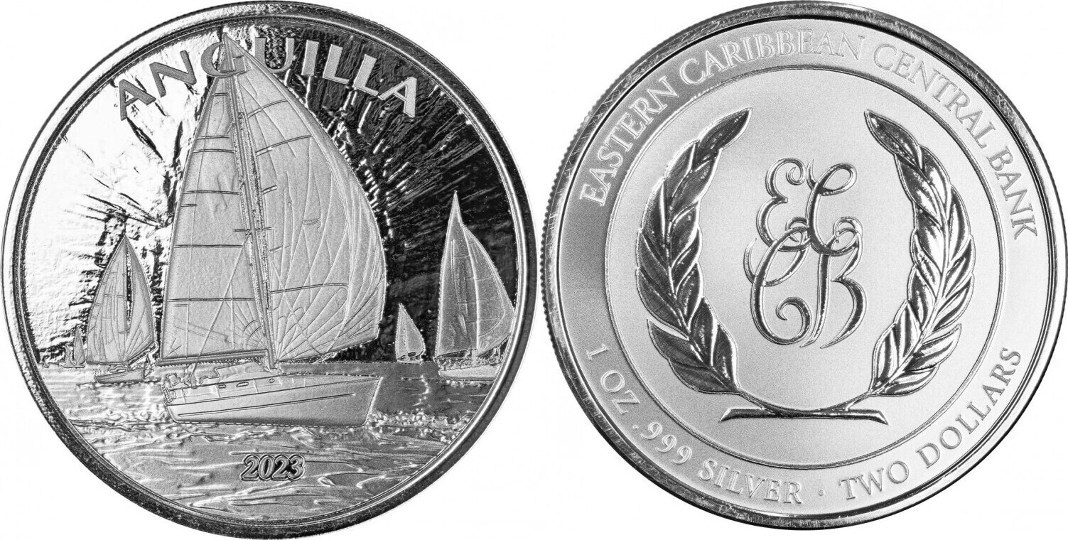 Karibik Inseln Silver Coin 1 Oz Anguilla 2 Dollar EC8 Sailing Regatta ...