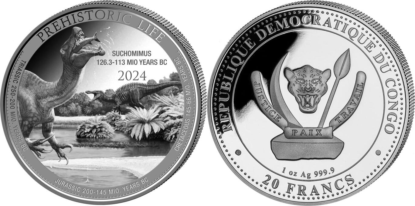 Kongo 20 Francs Silver coin 1oz Prehistoric Life II Suchomimus 2024 ...