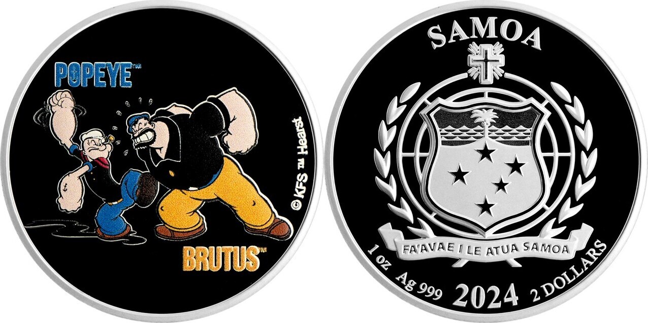 Silver Coin Popeye and Brutus 1 oz 2024 Samoa Silver 999 Color Coin BU ...