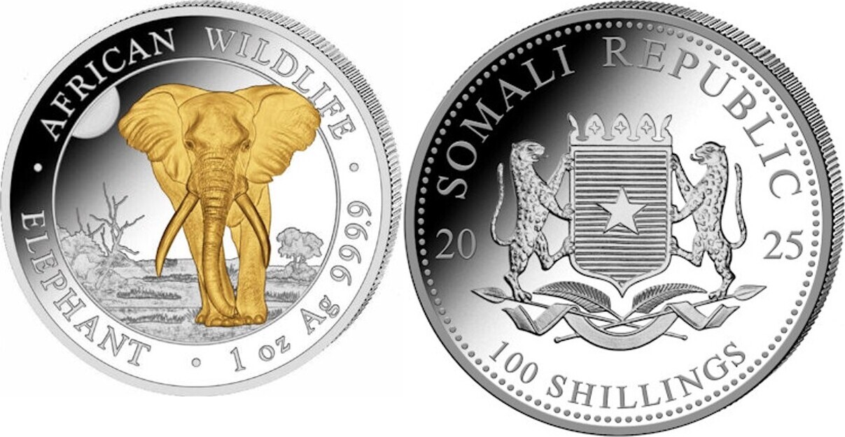 Silver Coin 1 oz Somalia Elephant 2025 999.9 Silver Gilded African Wildlife Brillant ...