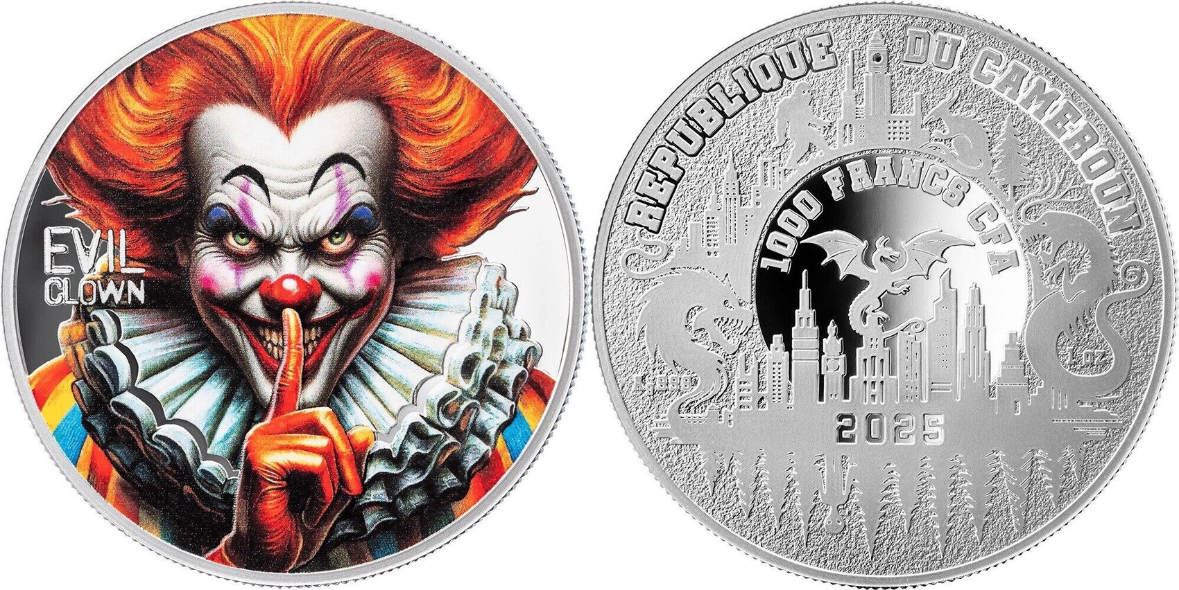 Kamerun 1000 Francs Silver coin 1 oz Urban Legends Evil Clown 2025 ...