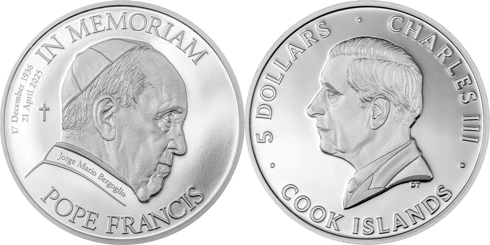 Cook Islands 5 Dollar Silver coin 1 oz In Memoriam In memory of Pope Francis 2025 Silver Coin ...