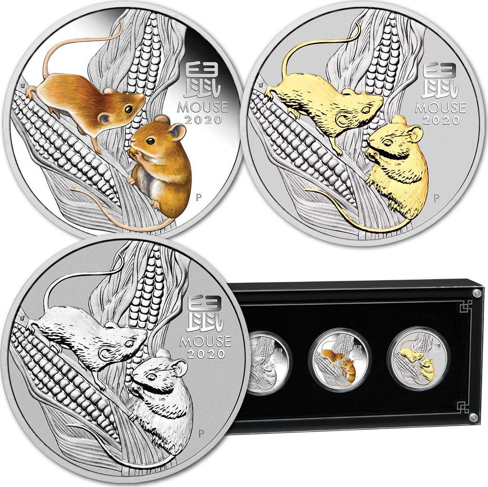 Australien 3 x 1 Dollar 2020 Perth Mint Lunar III Year of the Mouse 3x1 ...