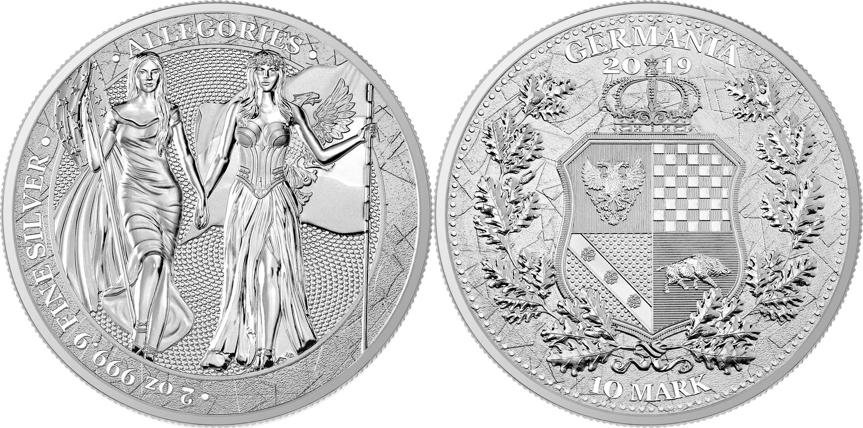 Deutschland 10 Mark 2019 Germania Mint Columbia Germania The Allegories Serie with Coa Box 2 oz Brilliant Uncirculated