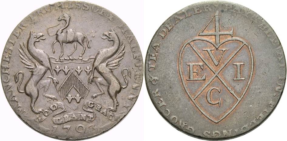 BRITISCHE TRADE TOKEN Cu Halfpenny Token 1793 LANCASHIRE: MANCHESTER VF ...