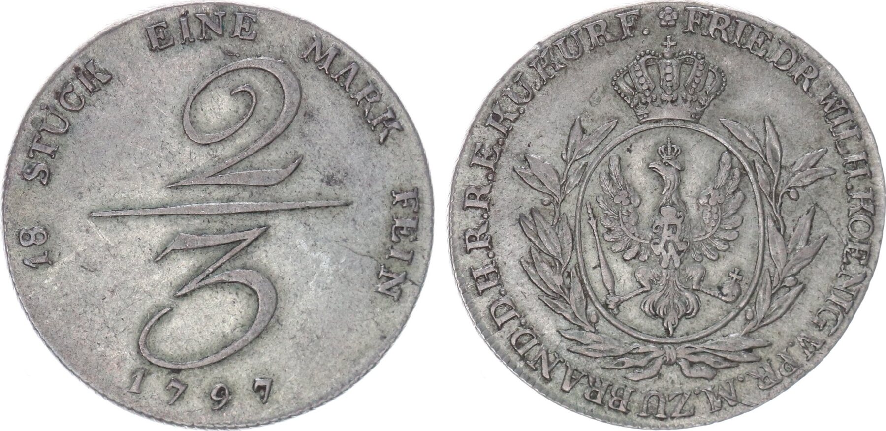 Brandenburg-Preußen 2/3 Taler 1797 Friedrich Wilhelm III. 1797-1840 VF ...