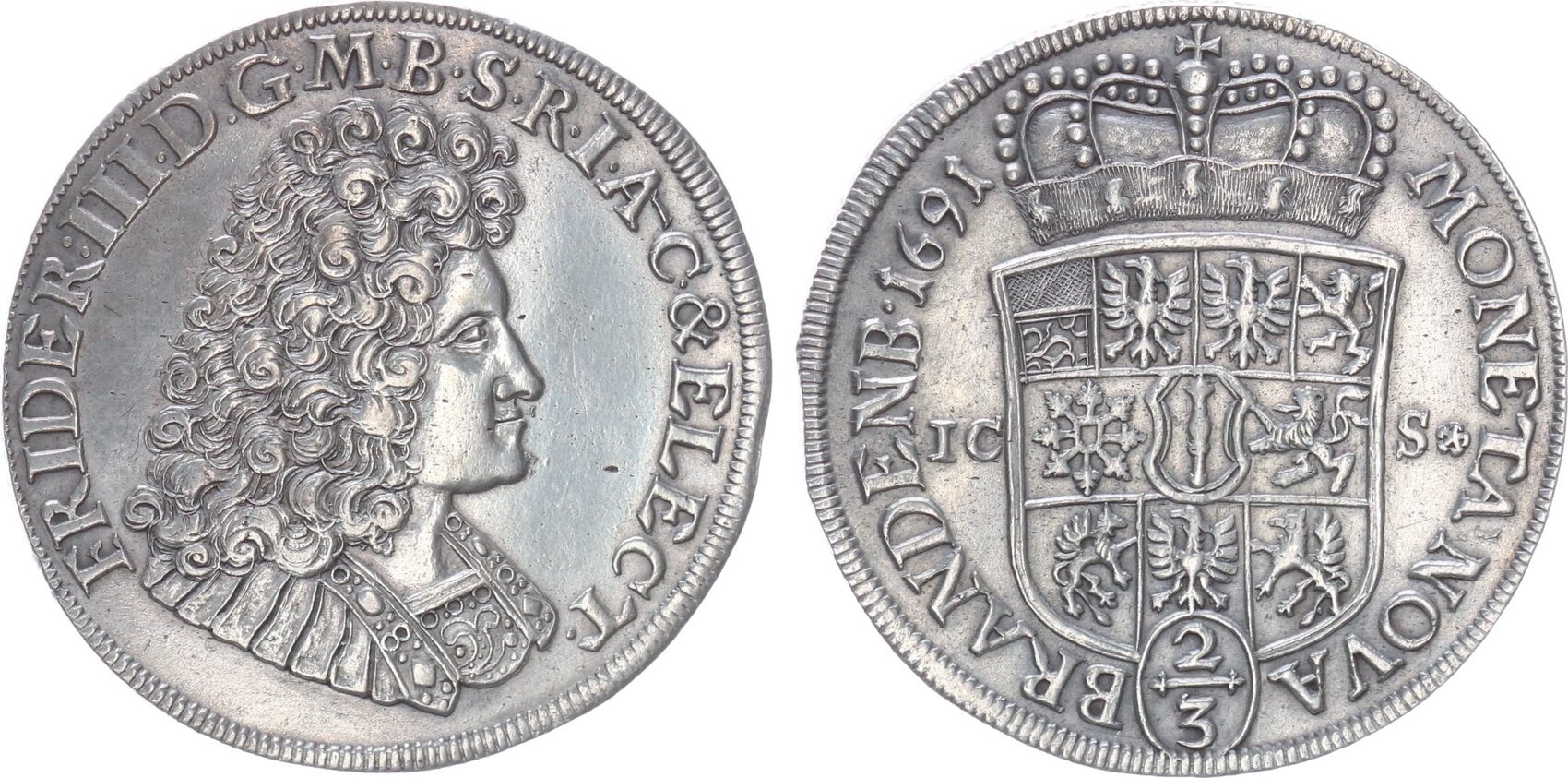 Brandenburg-Preußen 2/3 Taler 1691 ICS Magdeburg Friedrich III. 1688 ...