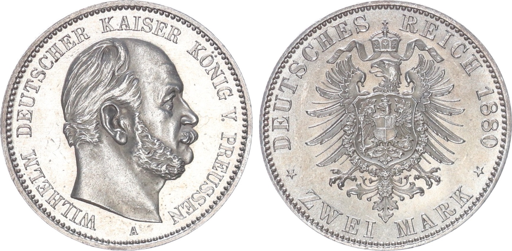 Preußen 2 Mark 1880 Kaiser Wilhelm I. 1861-1888 Prachtexemplar, fast BU | MA-Shops