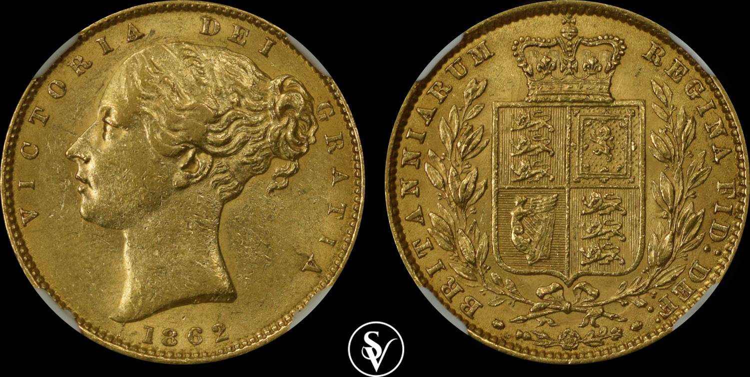 G.BRITAIN 1sovereign 1862 Victoria shield NGC AU 58 | MA-Shops