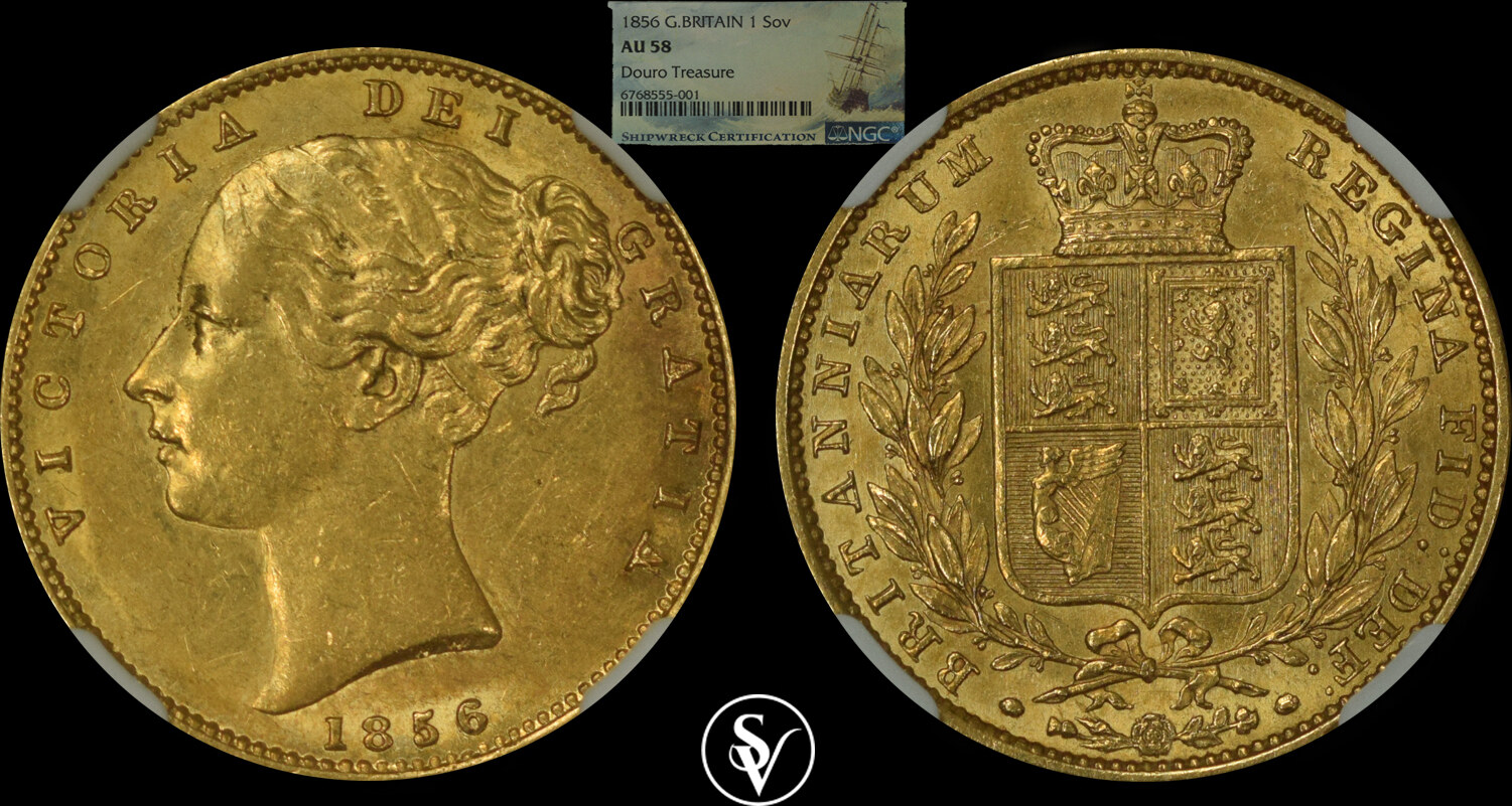 G.BRITAIN 1 sovereign 1856 Victoria shield Douro Treasure NGC AU 58 ...