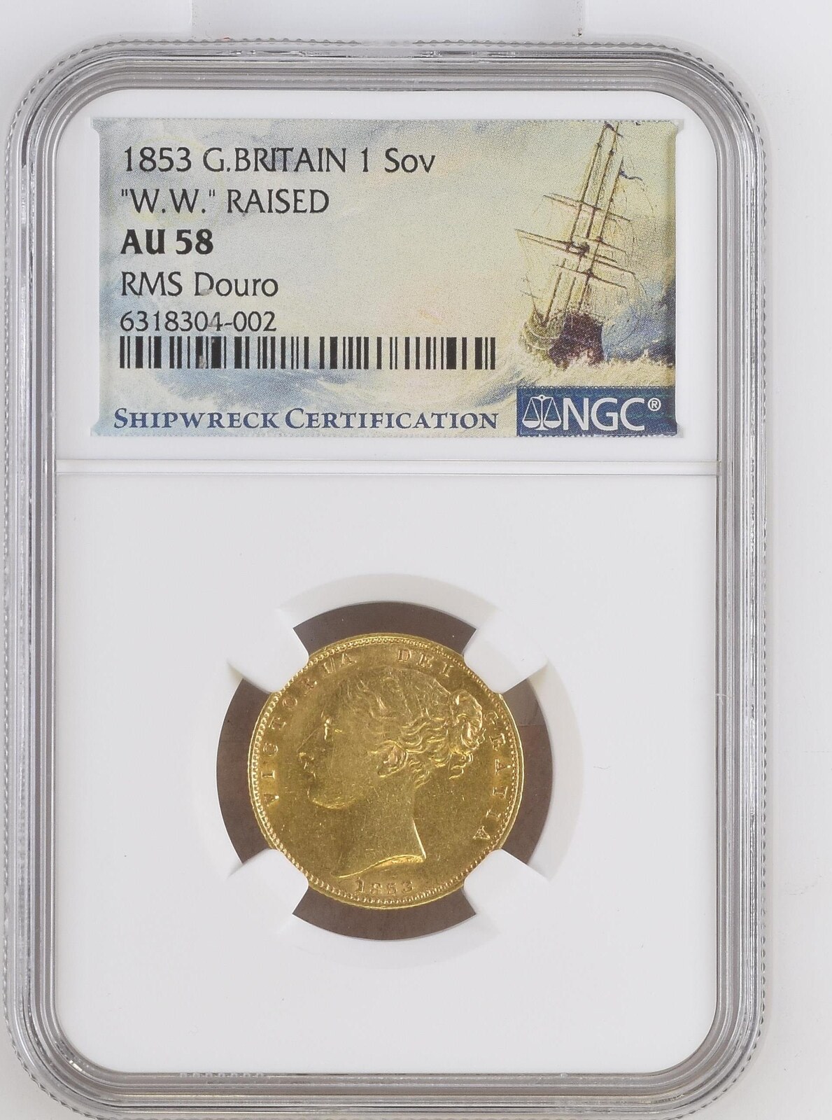 G.BRITAIN 1SOV 1853 RMS DOURO TREASURE NGC AU 58 | MA-Shops