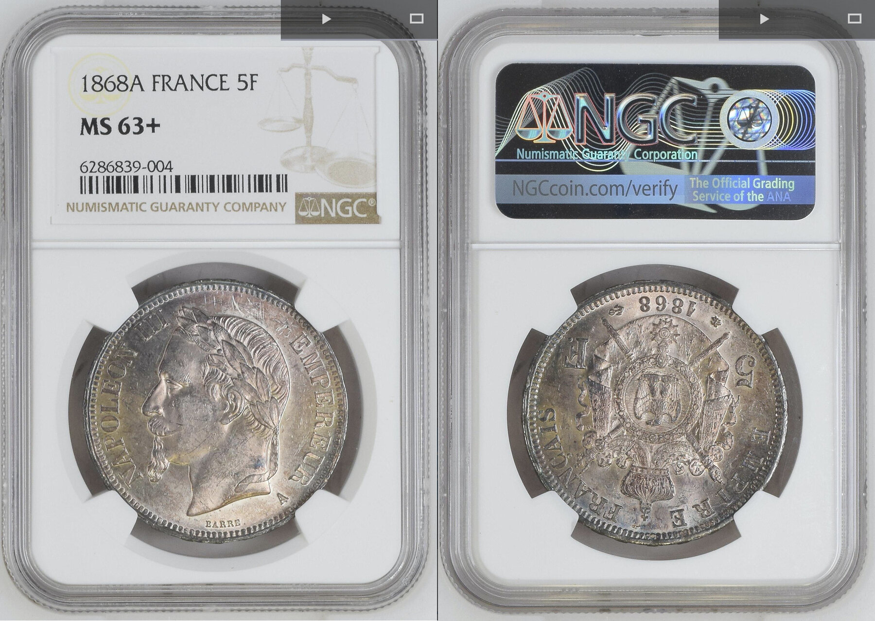 FRANCE 5 Francs 1868A NGC MS 63+ | MA-Shops
