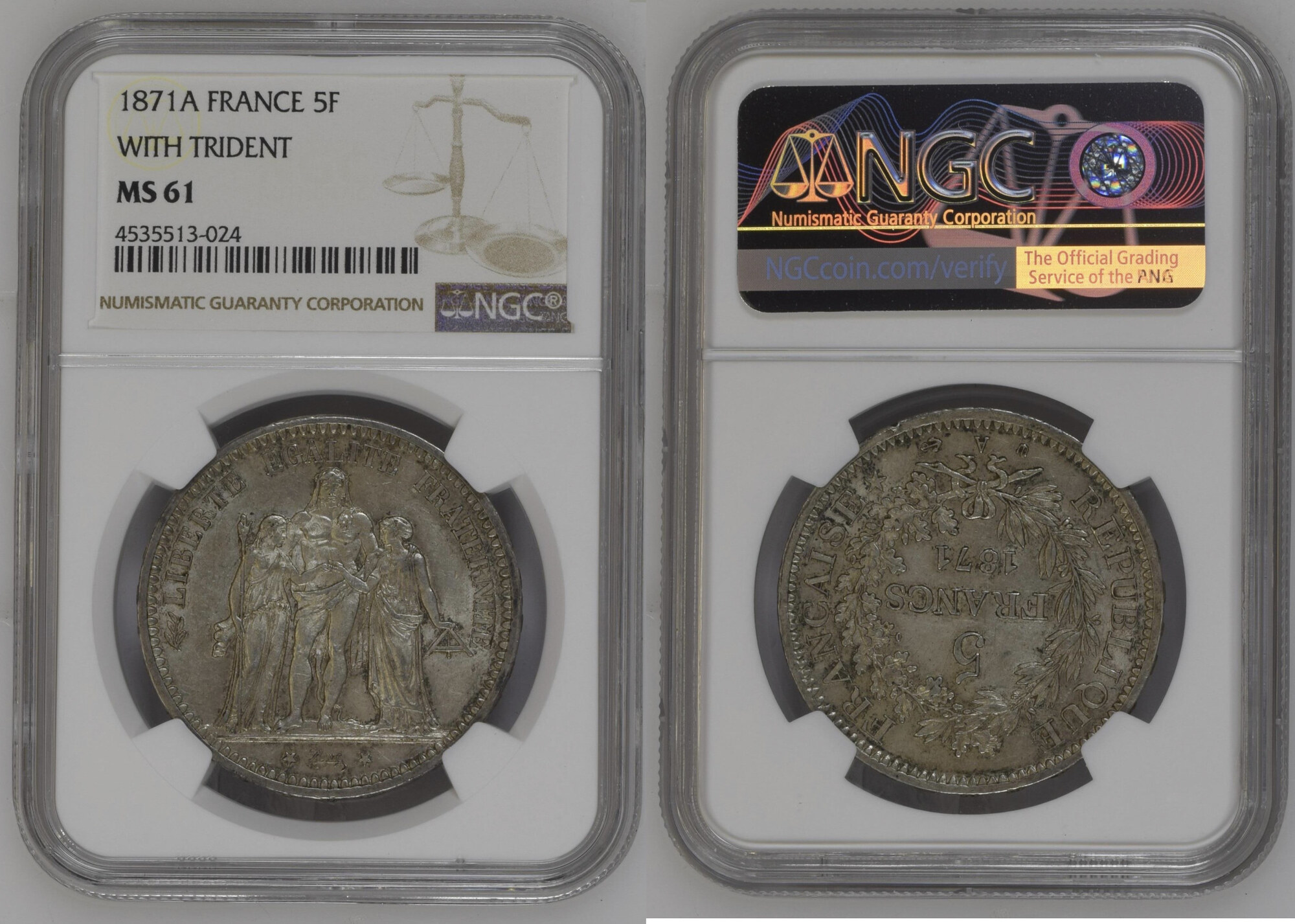 FRANCE 5 Francs 1871A Camélinat avec Trident - Rare NGC MS 61 | MA-Shops