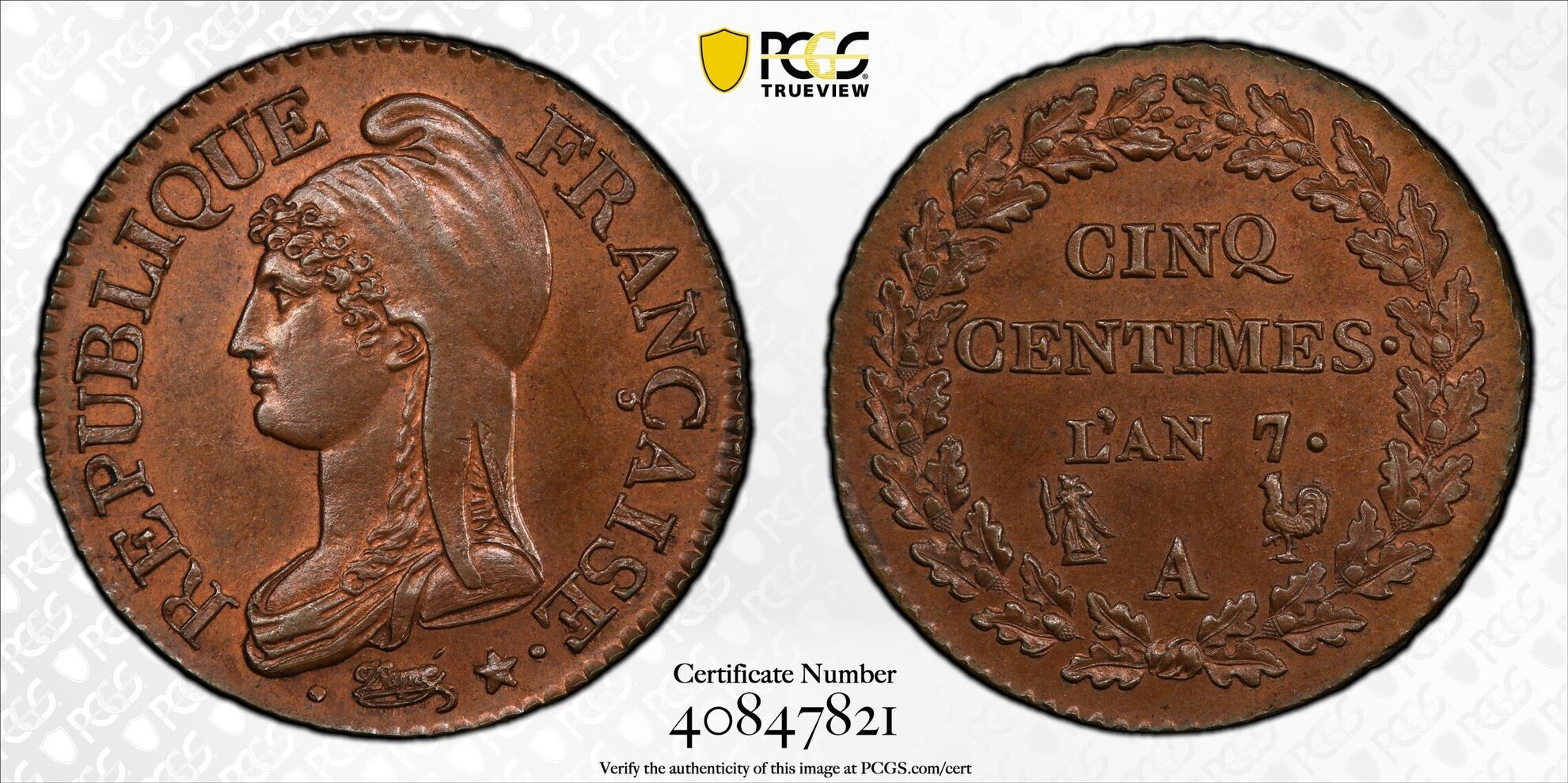 France Directoire - 5 centimes AN 7-A - PCGS MS65BN | MA-Shops