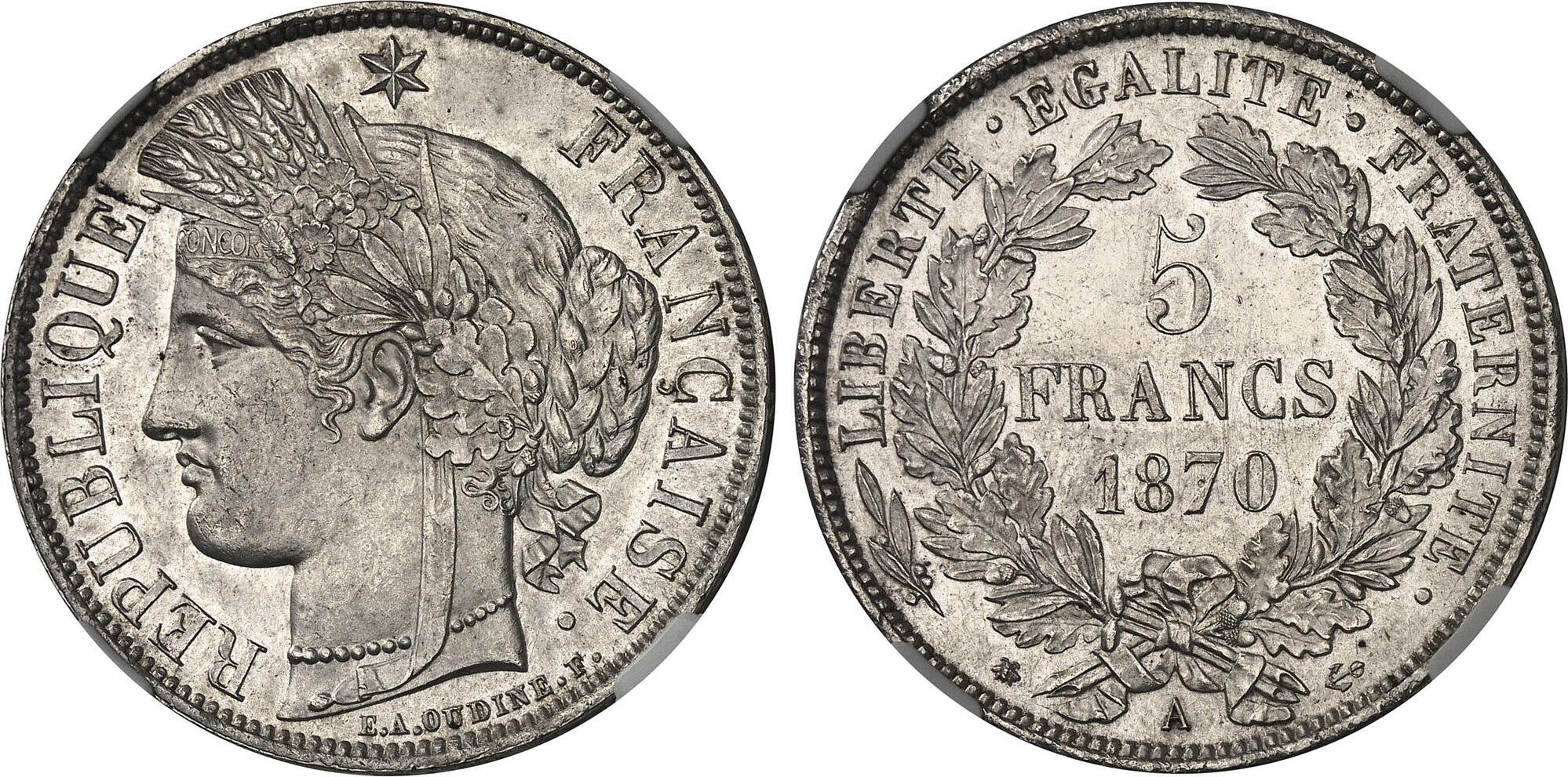 France - 5 francs Ceres 1870 A - NGC MS 63 | MA-Shops