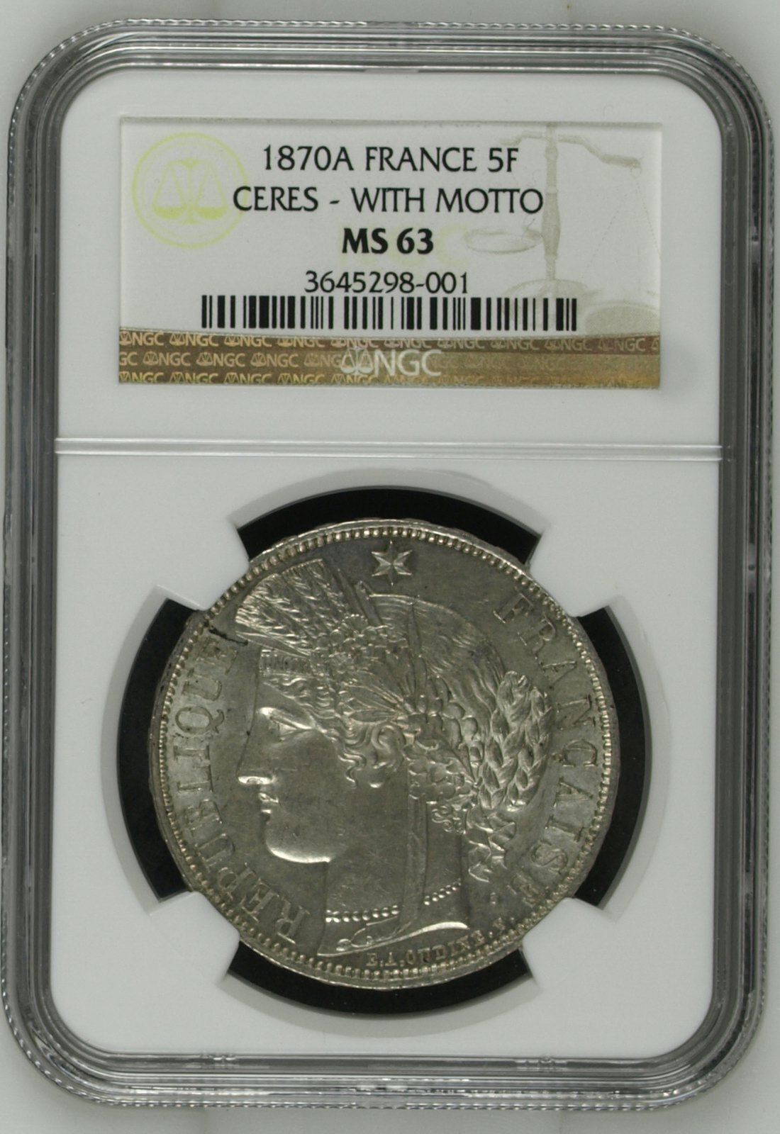 France - 5 francs Ceres 1870 A - NGC MS 63 | MA-Shops