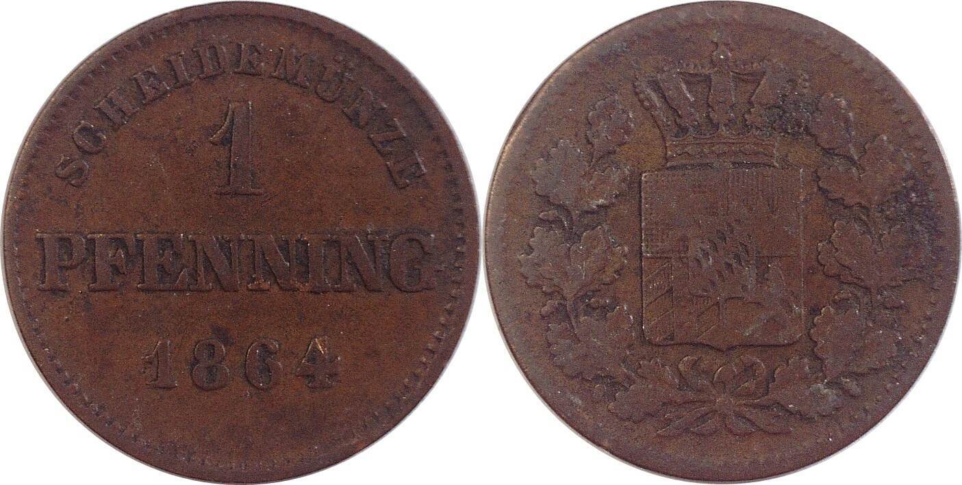 Deutschland/ Bayern 1 Pfennig 1864 Maximillian II. 1848-1864 F-VF | MA ...