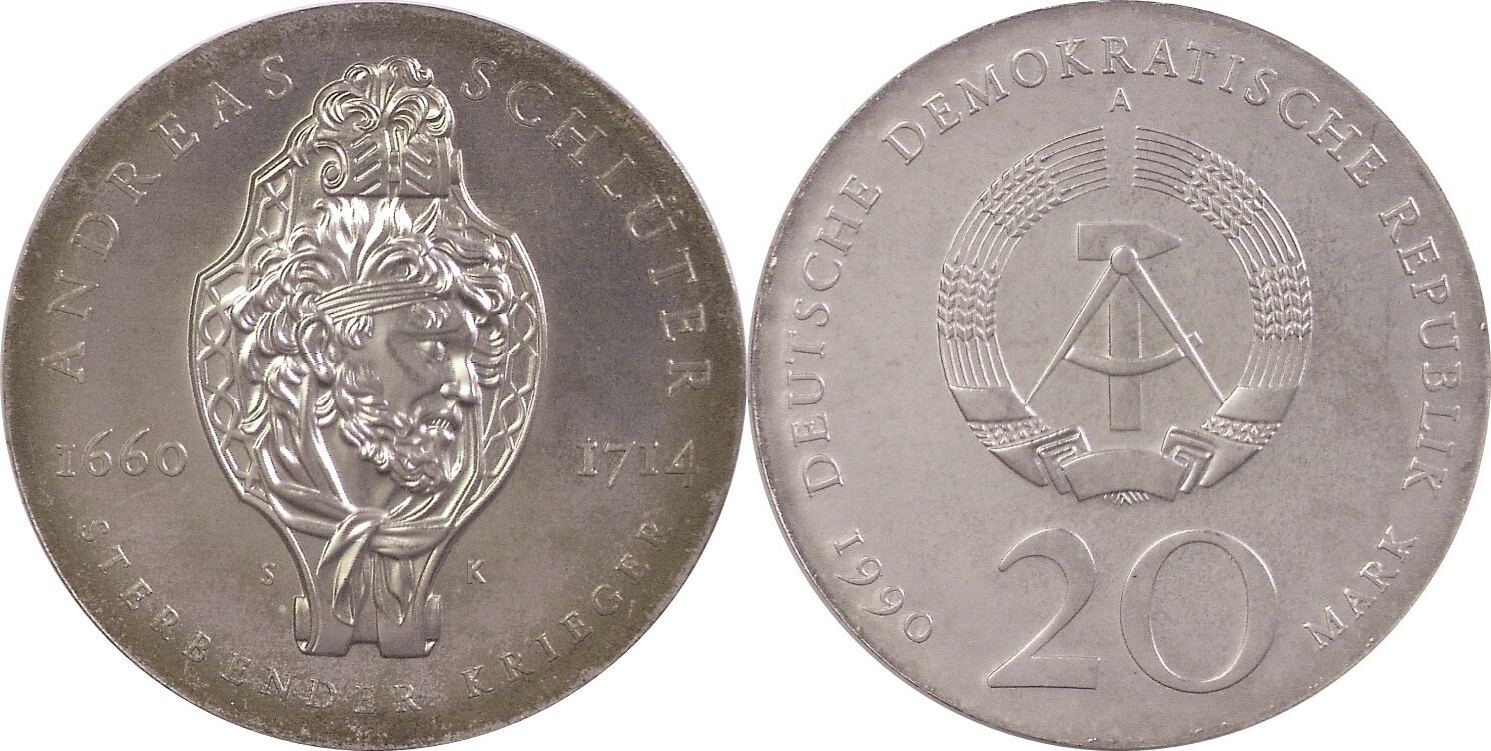 Deutsche Demokratische Republik, DDR 20 Mark 1990 (A) 275. Todestag von Andreas Schlüter BU ...