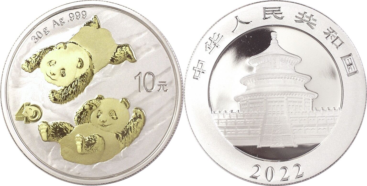 China/ Volksrepublik 10 Yuan 2022 30 g Panda (teilvergoldet) BU | MA-Shops