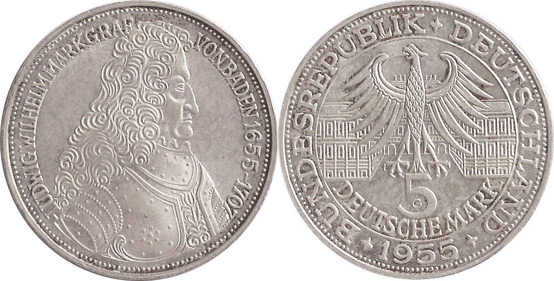 Deutschland, BRD, Germany 5 DM 1955 (G) 300. Geburtstag von Ludwig ...