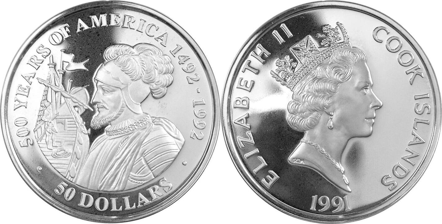 Cook-Inseln 50 Dollars 1991 500 Jahre Amerika (Vasco Nunez de Balboa) Proof gekapselt, leicht ...