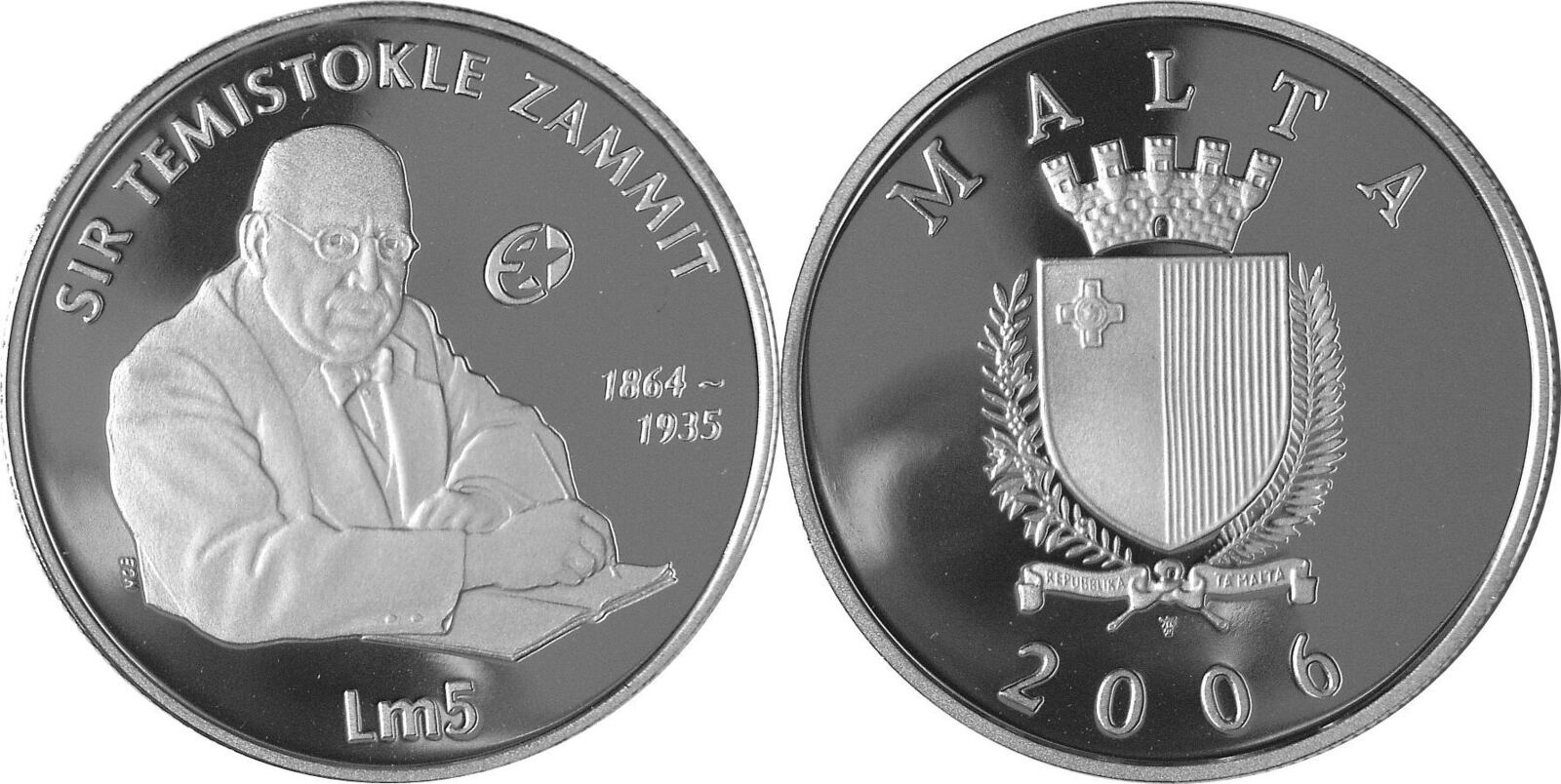 Malta 5 Liri 2006 Bedeutende Malteser (Sir Temistokle Zammit) Proof in ...