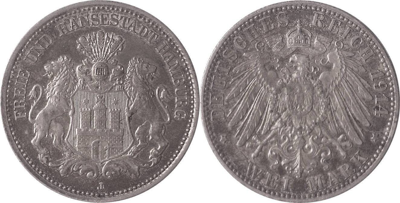 Deutschland/ Freie und Hansestadt Hamburg 2 Mark 1914 (J) Stadtwappen VF-EF, Patina | MA-Shops