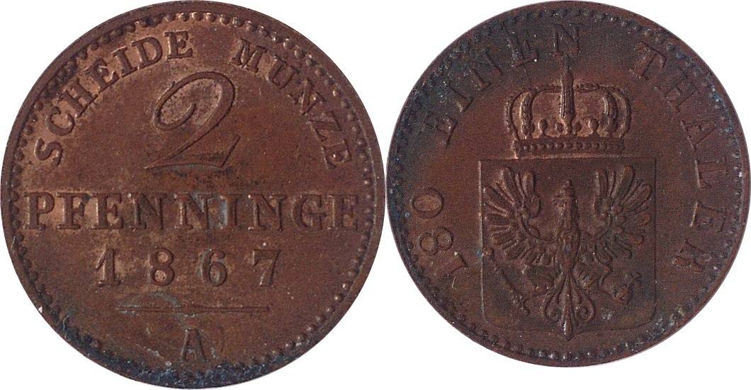 Deutschland/ Preußen 2 Pfennige 1867 (A) Wilhelm I. 1861 - 1888 VF+ ...