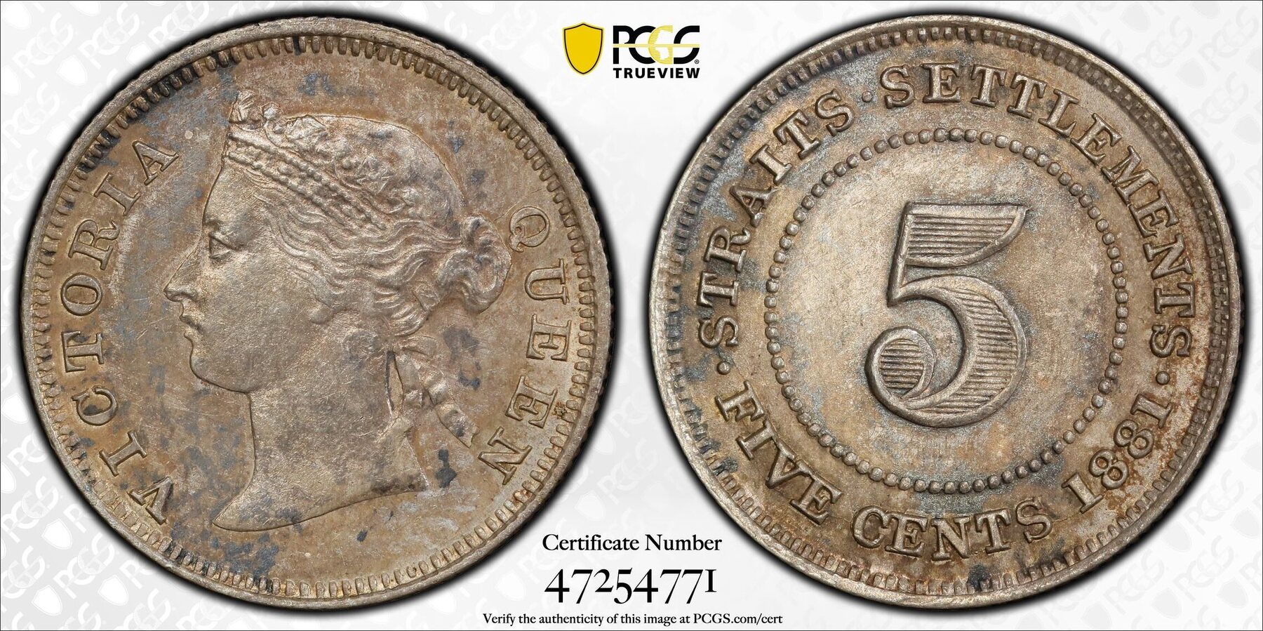 Straits Settlements Victoria 1881 5C AU55 | MA-Shops
