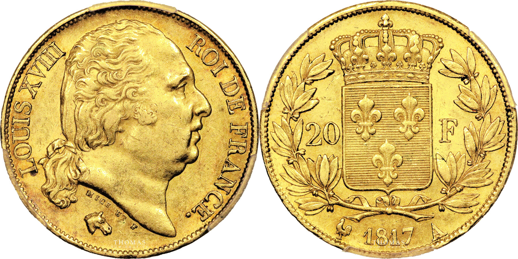 Coin France - Louis XVIII - Gold 20 Francs or - 1817 A Paris PCGS AU 58 | MA-Shops