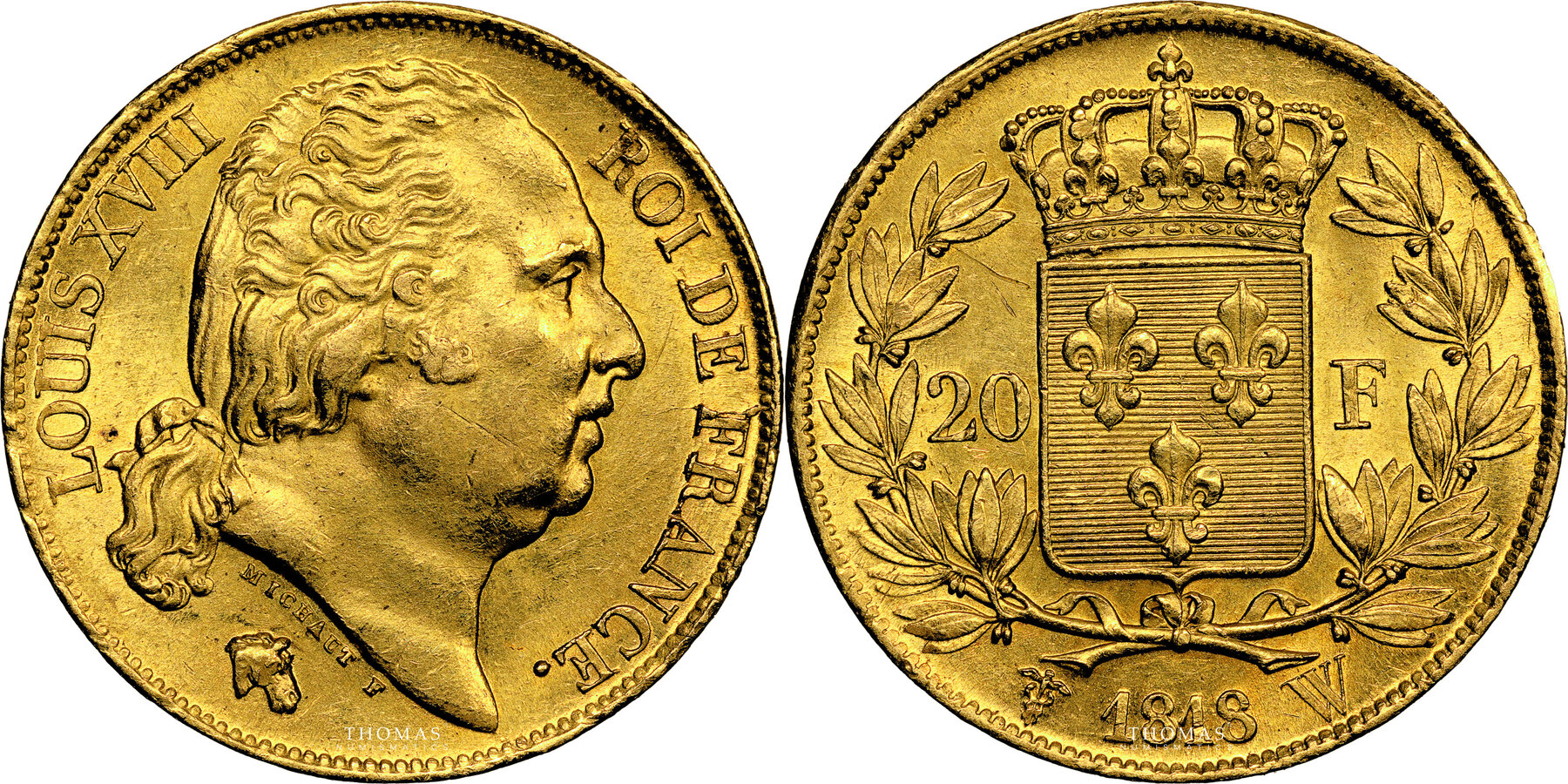 Coin France - Louis XVIII - Gold - 20 Francs Or - 1818 W Lille EF | MA ...