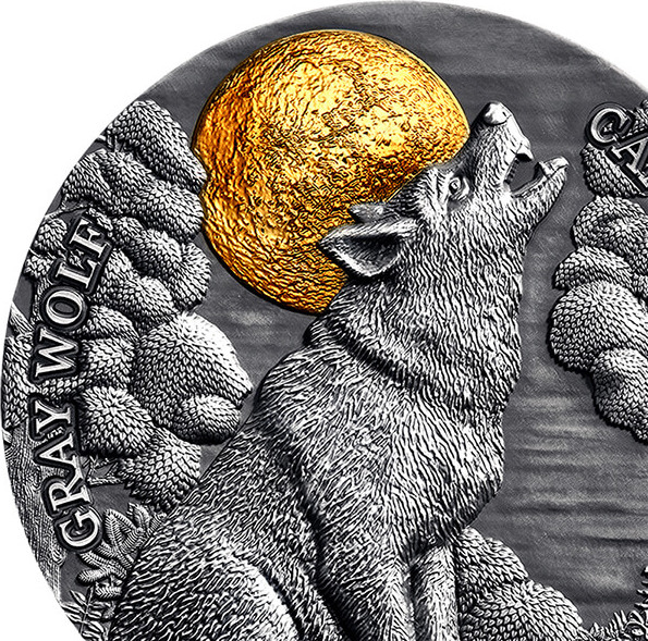 5 Dollars Gray Wolf Wildlife in the Moonlight 2 oz Antique finish ...
