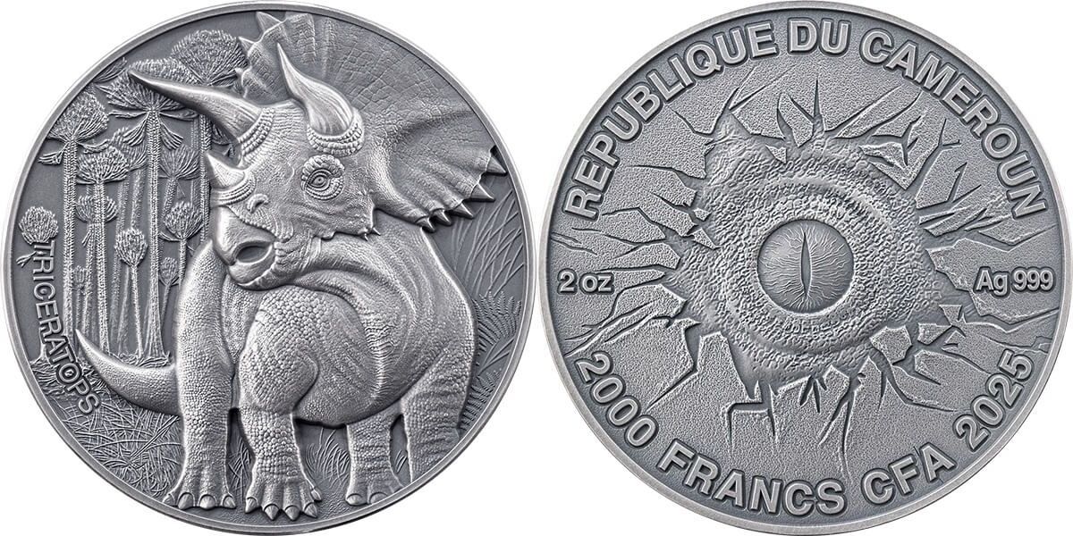 Triceratops Lost World 2 oz Antique finish Silver Coin 2000 Francs CFA ...