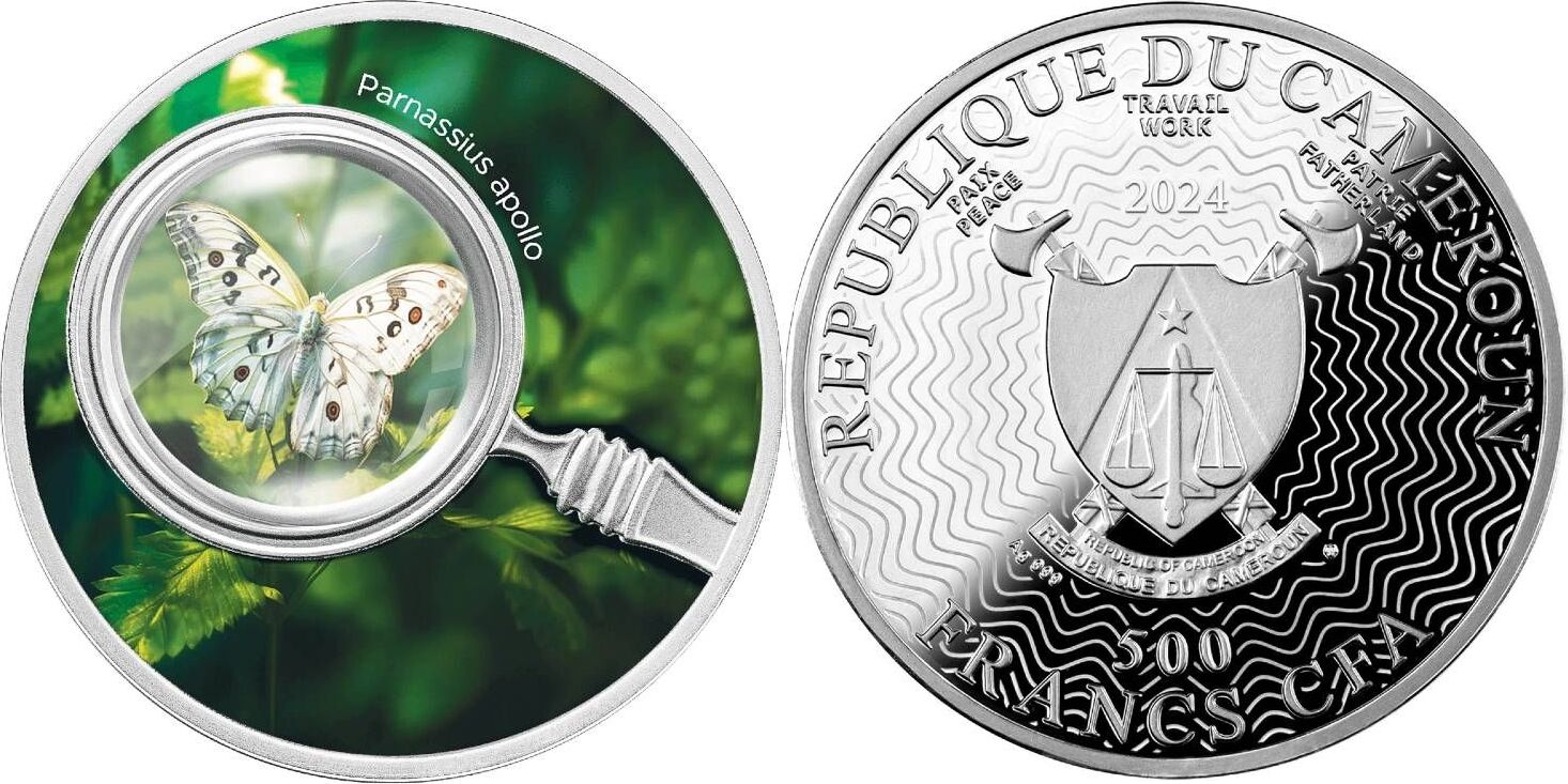 Parnassius Apollo Butterflies Proof Silver Coin 500 Francs CFA Cameroon ...
