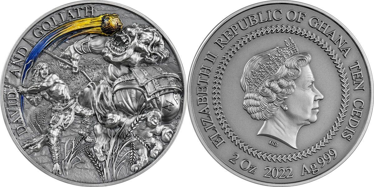 David and Goliath 2 oz Antique finish Silver Coin 10 Cedis Republic of ...