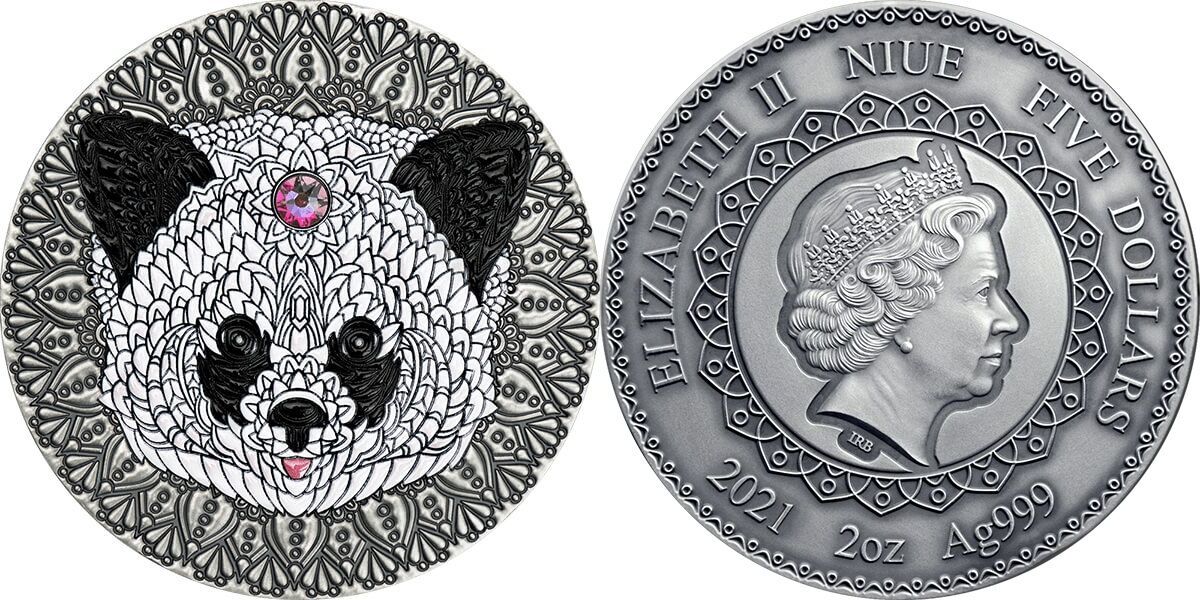 5 Dollars Panda Mandala Collection 2 oz Antique finish Silver Coin 5 ...