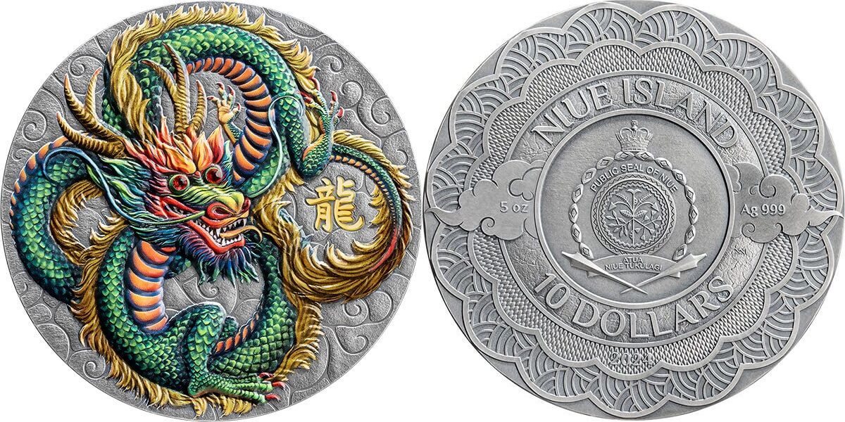10 Dollars The Power of Green Dragon 5 oz Antique finish Silver Coin 10 ...