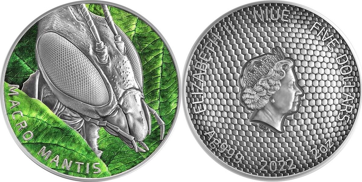 5 Dollars Macro Mantis Macro Insects 2 oz Antique finish Silver Coin 5 ...