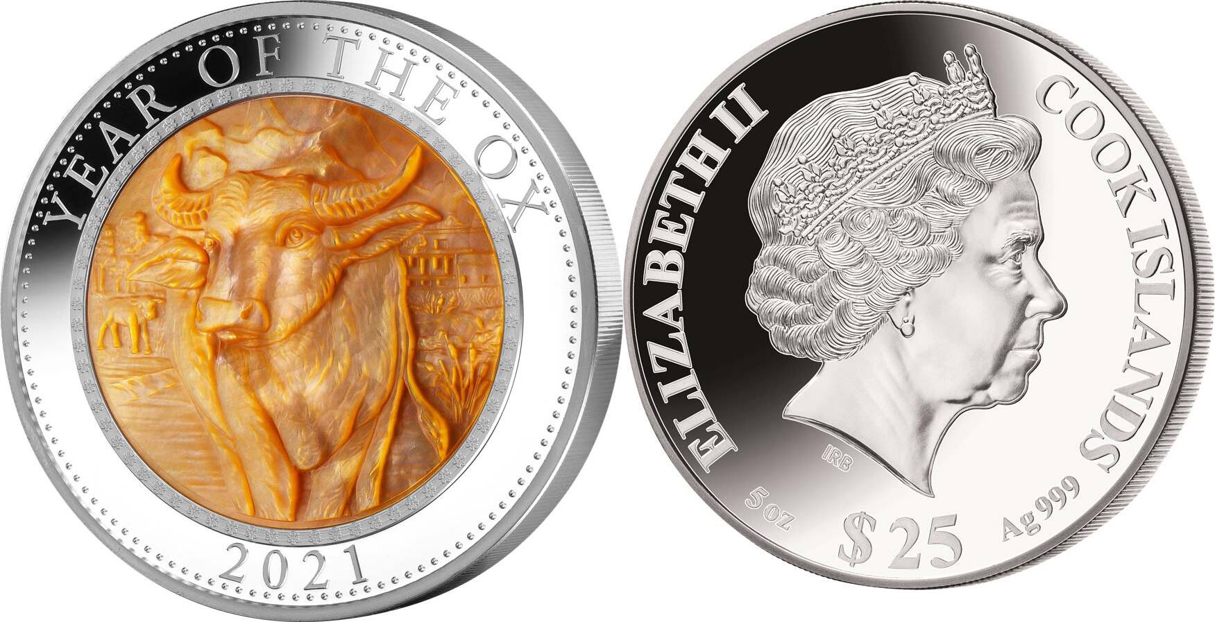 25 dollars Year of the OX Mother of Pearl 5 oz Proof Silver Coin 25 ...