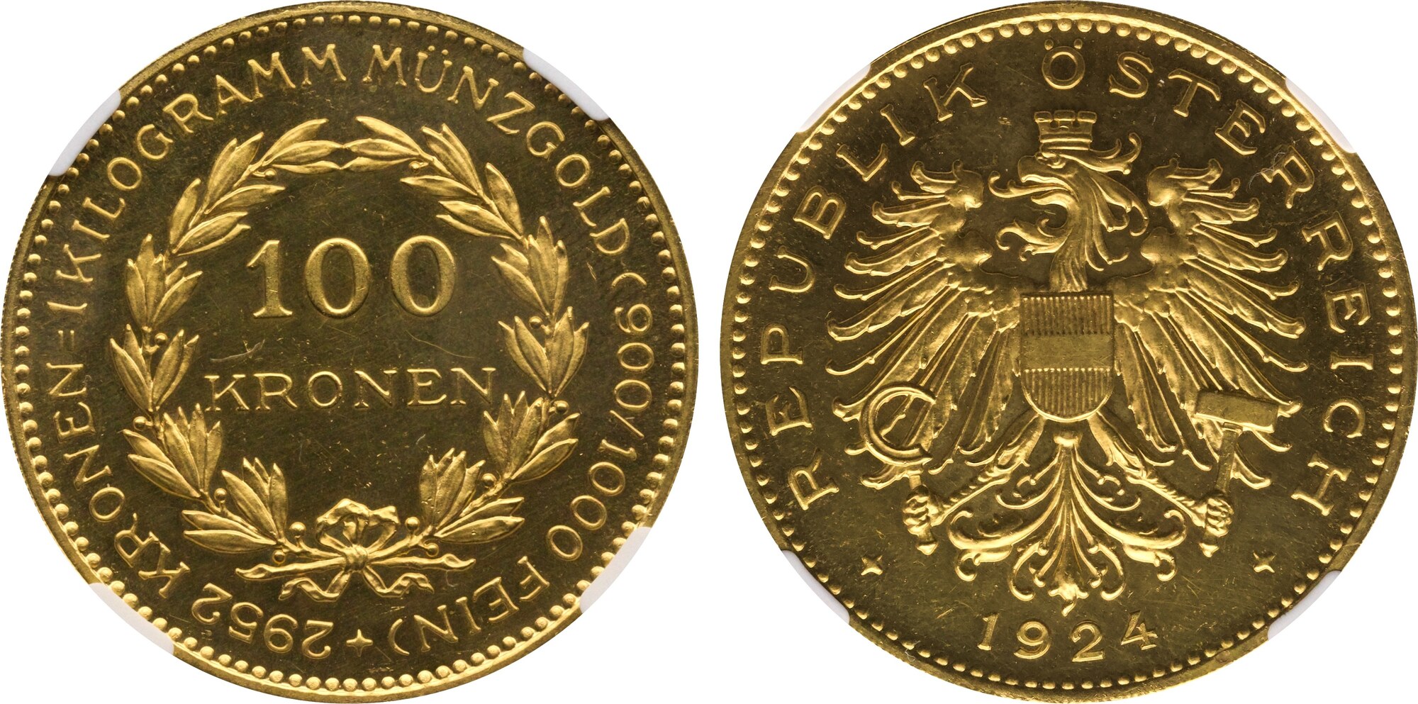 Austria 100 Kronen 1924 Republic, Vienna mint NGC PL64 CAMEO | MA-Shops