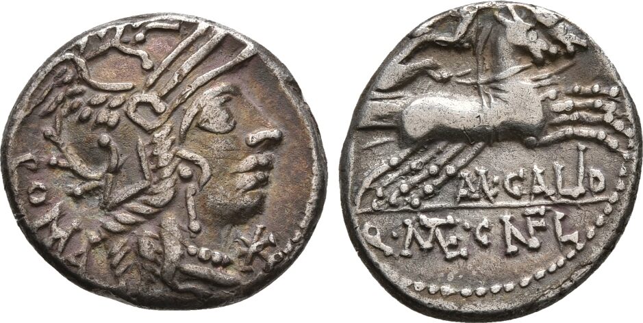 Roman Republican. AR Denarius 117-116 BC. M. Calidius, Q. Metellus, and ...