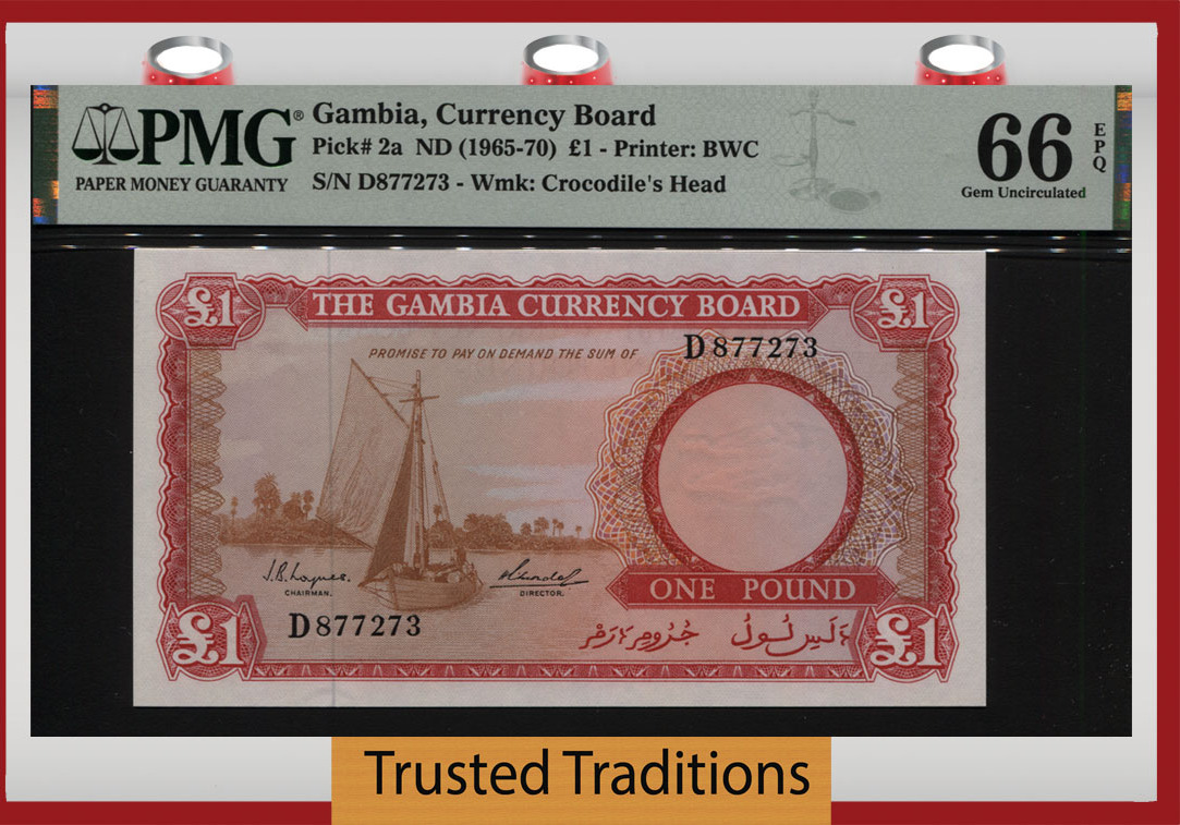 1 POUND 1965-70 GAMBIA FIRST ISSUE PMG 66 EPQ GEM UNC. ONLY TWO FINER ...