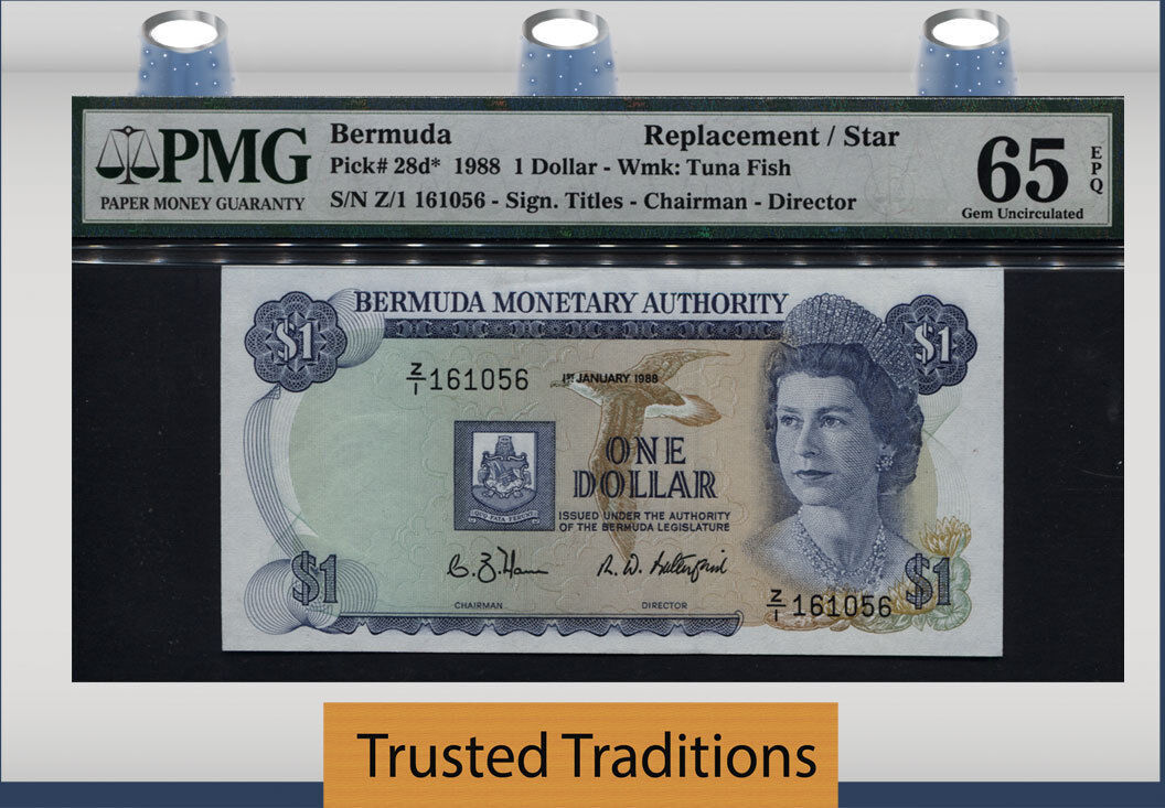 Welt Banknoten 1 DOLLAR 1988 TT PK 28d* BERMUDA REPLACEMENT STAR QUEEN ...