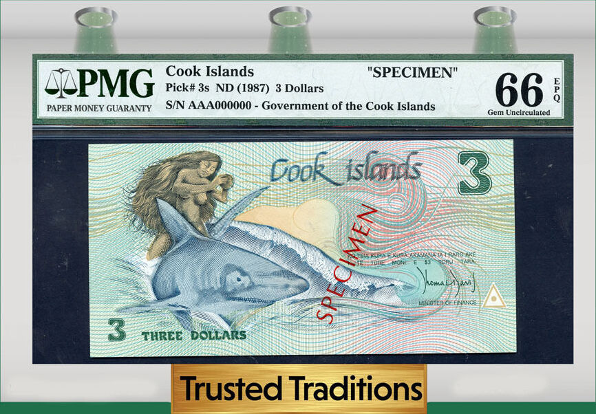 Welt Banknoten 3 DOLLARS 1987 TT PK 3s COOK ISLANDS SPECIMEN PMG 66 EPQ ...