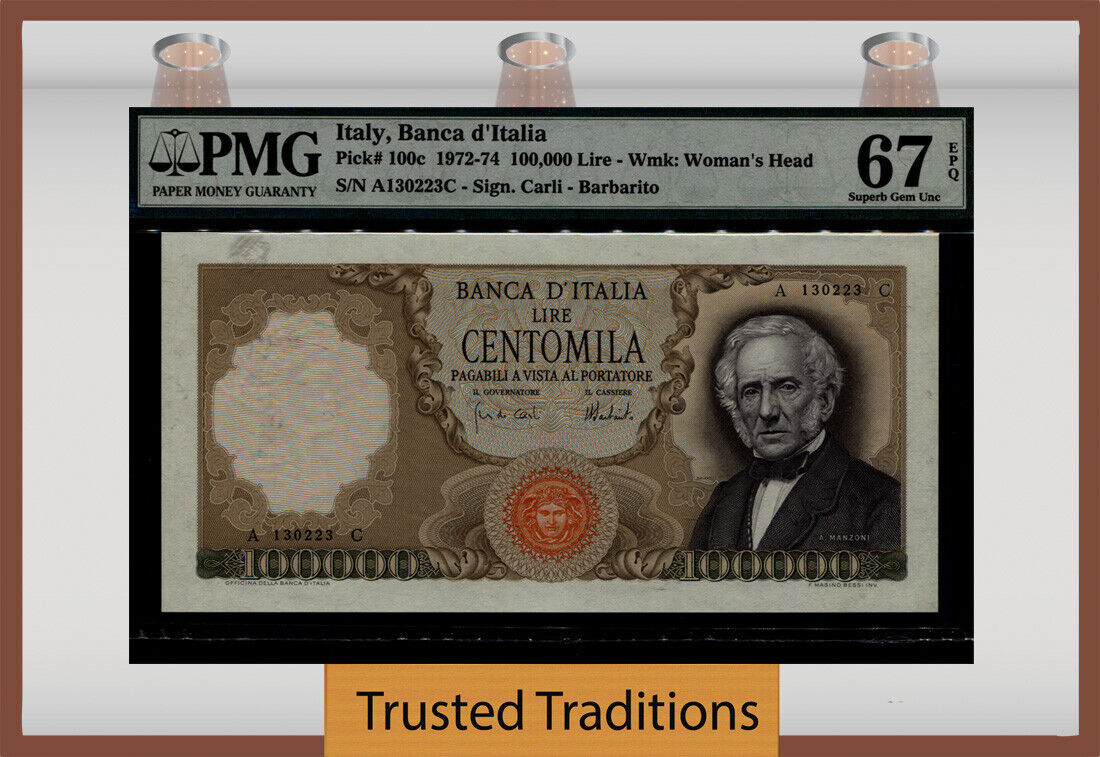 Welt Banknoten 100000 LIRE TT PK 100c 1972-74 ITALY PMG 67 EPQ SUPERB ...